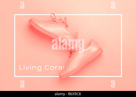 Pair of coral shoes on coral background. Trendy Living Coral color of ...