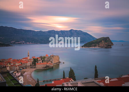 View of Budva from above at dusk Stock Photo - Alamy