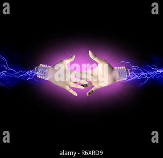 Electric hands about to shake Stock Photo - Alamy