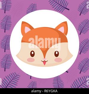 cute fox over tropical leaves background, colorful design, vector ...