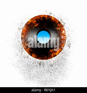 Illustration of vinyl record in fire on the black background Stock ...