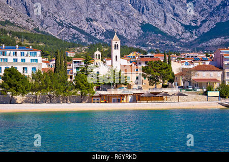 Town of Baska Voda beach and waterfront aerial view, Makarska riviera ...