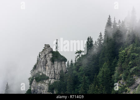Overhanging cliffs, rocky slopes mountain range with trees Stock Photo ...