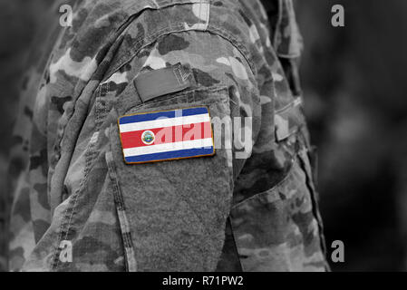 Costa Rica flag on soldiers arm. Republic of Costa Rica troops (collage ...