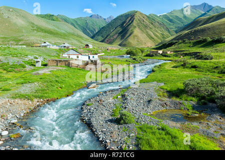 Settlement along a mountain river Naryn, Naryn gorge, Naryn Region ...