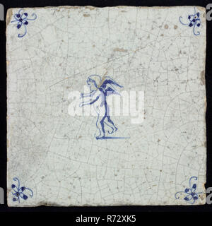 White tile with blue putto; corner motif spider, wall tile tile ...