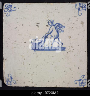 White tile with blue putto; corner motif spider, wall tile tile ...