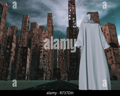 Traveler. Robed Figure Before Destroyed City Stock Photo - Alamy