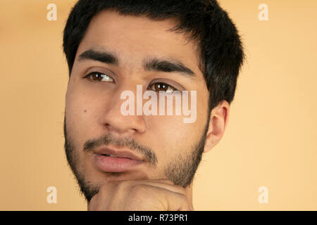 Photo portrait of nice young guy arms touch headphones toothy smile ...