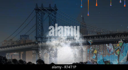 Modern art. Manhattan bridge. Giant moon at the horizon Stock Photo - Alamy