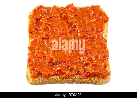 Traditional Bulgarian relish called Lutenica. Spread on a slice of ...