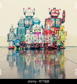 retro robots with gifts on a old wooden floor with reflection Stock ...