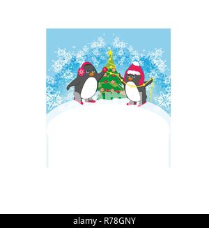 Christmas winter landscape with penguins and Christmas tree. Vector ...