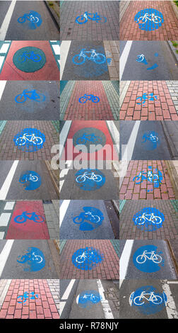 Collage of cycle track markings on a pavement, partly worn away Stock ...