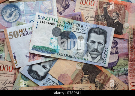 Money of Colombia. Colombian peso bills. COP banknotes. 2 pesos ...