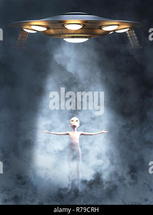 3d illustration of a grey alien with arms back and head up on tiptoes ...