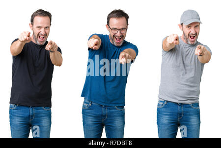 Collage of handsome senior man over white isolated background ...