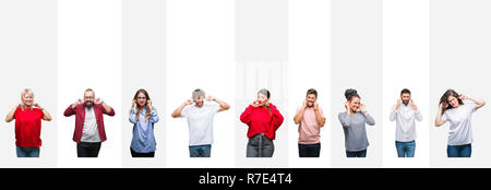 Collage of different ethnics young people over white stripes isolated ...