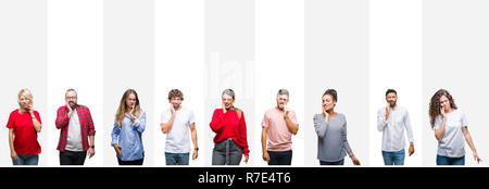 Collage Of Different Ethnics Young People Over Colorful Stripes 