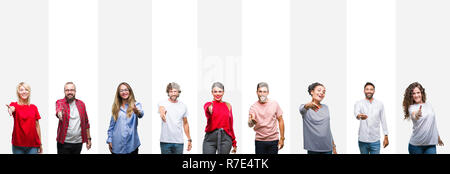 Collage of different ethnics young people over white stripes isolated ...