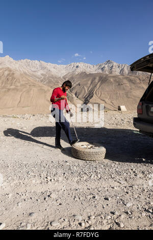 Langar, Tajikistan, August 23 2018: Off-road car is waiting on the ...