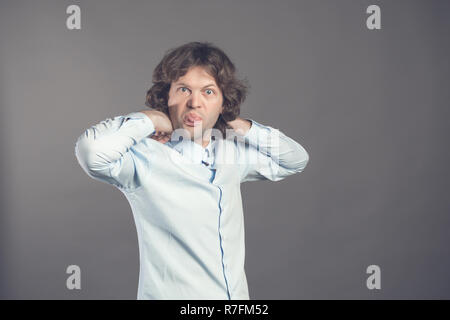 Portrait of attractive crazy cheerful wavy-haired guy laughing having ...