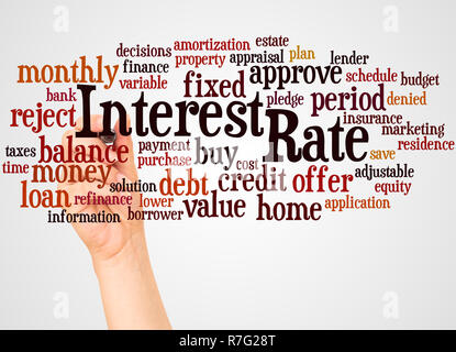 Interest word cloud and hand with marker concept on white background ...