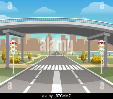 Modern city building and flyover road. Vector cartoon illustration of ...