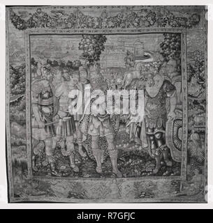 Sinon brought before Priam, King Priam sits under a few trees, his ...