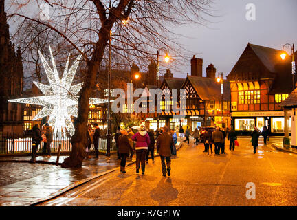 City of Chester, England. Evening Christmas lights view at the High ...
