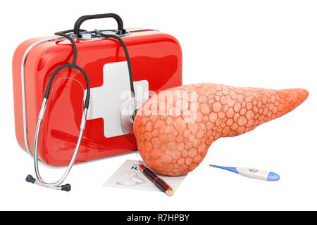 Pancreas and drugs concept. Human pancreas with medical bottles and ...