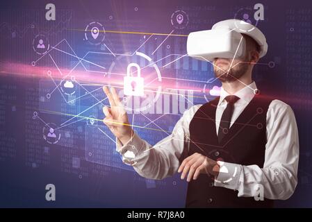 Businessman with DJI goggles controlling 3D illustrated network, and ...