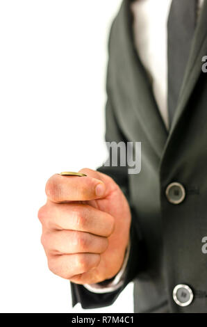 Businessman hand tossing coin to flip on heads or tails, concept of ...