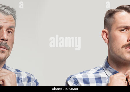 Collage of two portraits of the same old man and young man. Face ...