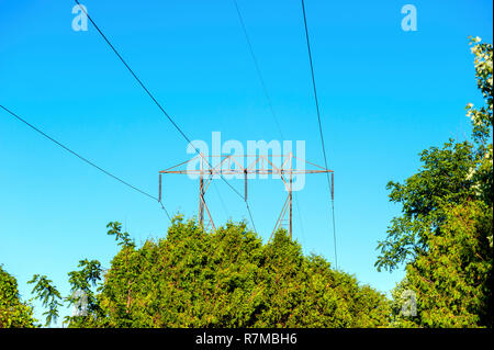 Overhead low voltage electrical power line on wooden pole. Scout Scar ...