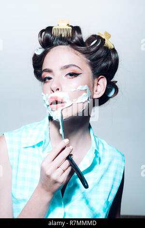 pin up woman with trendy makeup. retro woman growing plants. Garden ...