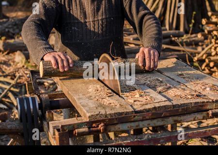 Man cutting wood using stationary circular saw outdoors in the sun ...