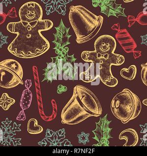 Seamless pattern with colored bells, jingles, gingerbread men ...