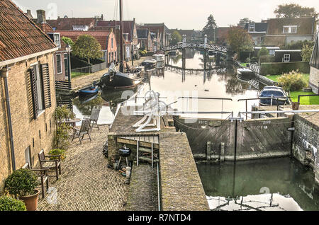 Hindeloopen, The Netherlands, November 4, 2018: sluice and adjacent ...