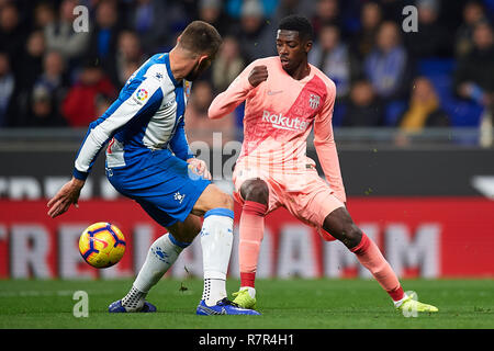 Ousmane Dembele and David Lopez during the match between FC Barcelona ...
