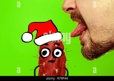 Cactus hipster man with santa hat. Tropical Christmas concept. Minimal ...