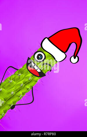 Cactus hipster man with santa hat. Tropical Christmas concept. Minimal ...