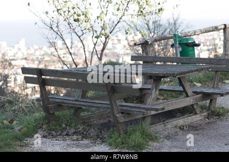 bench wooden pic nic table sandy beach view in summer day on Cap Ferret ...