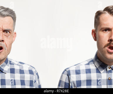 Collage of two portraits of the same old and young man. Face lifting ...