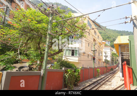 Cables tangled in a pole in front of an old house in Rio de Janeiro ...