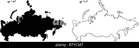 Simple outline map of Russia, vector silhouette in sketch line style ...