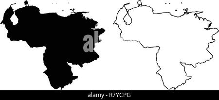 Simple outline map of Venezuela, vector silhouette in sketch line style ...