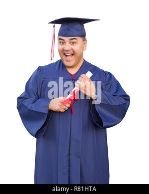 Young hispanic man wearing graduation cap and ceremony robe smiling ...