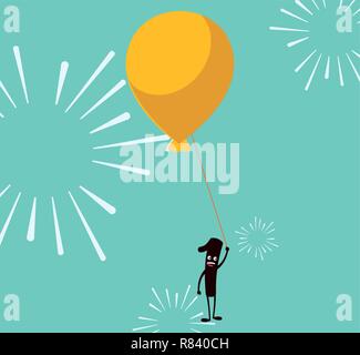 cartoon number one holding a balloons over blue background vector ...