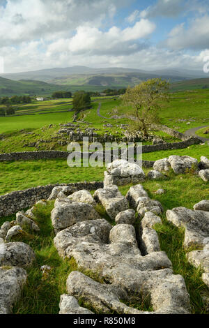 Scenic view across limestone pavement & rolling upland countryside from ...